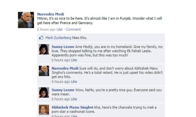 Narendra Modi in Canada: Facebook Wall starring Sunny Leone and Adarsh ...