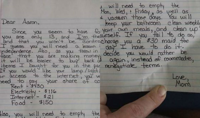 Mother posts a letter to 13-year old son on Facebook asking to pay his ...