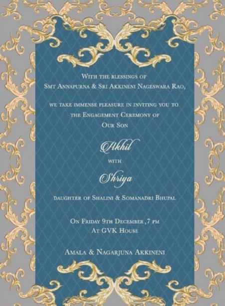 Akhil Akkineni and Shriya Bhupal’s engagement card OUT, have a look ...
