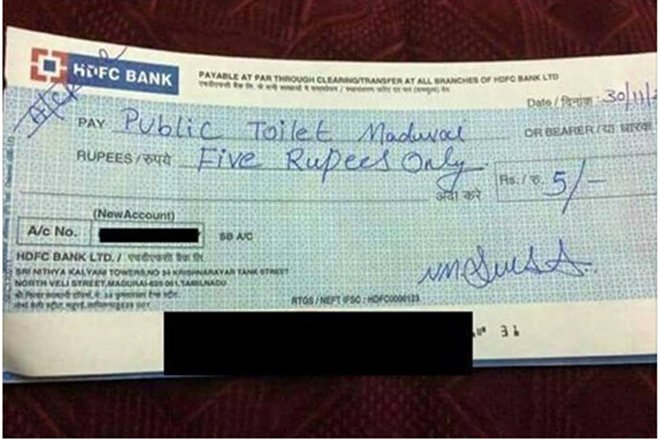 Demonetisation effect: This Rs 5 cheque to a Public Toilet in Madurai ...