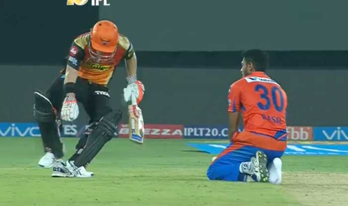 IPL 2017: David warner assisted to Basil Thampi after the bowler lost ...