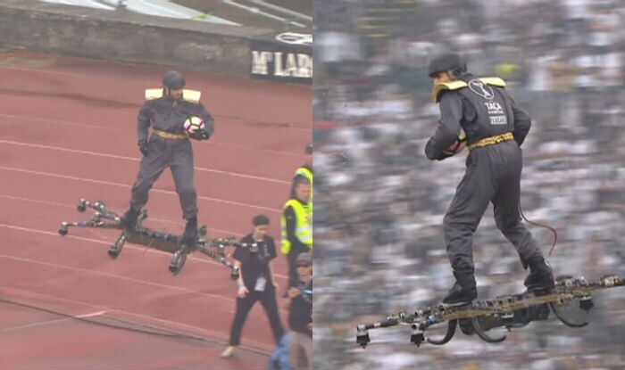 Man flying on drone delivers ball for final football match at ...