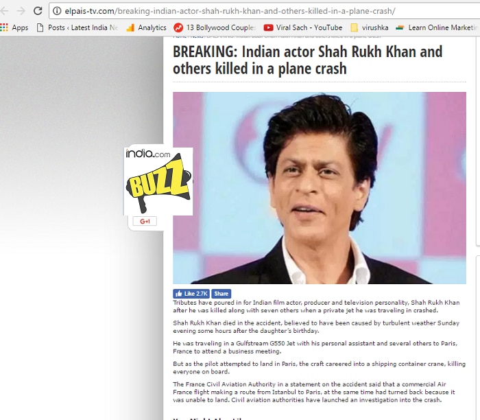 Shah Rukh Khan Dead? Shocking Death Hoax of SRK being killed in a plane ...