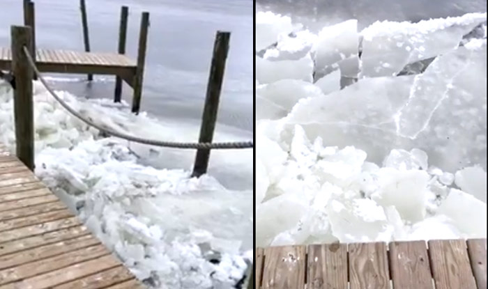 Viral Video Shows Rare Phenomenon of Waves of Ice Crashing Against Dock ...