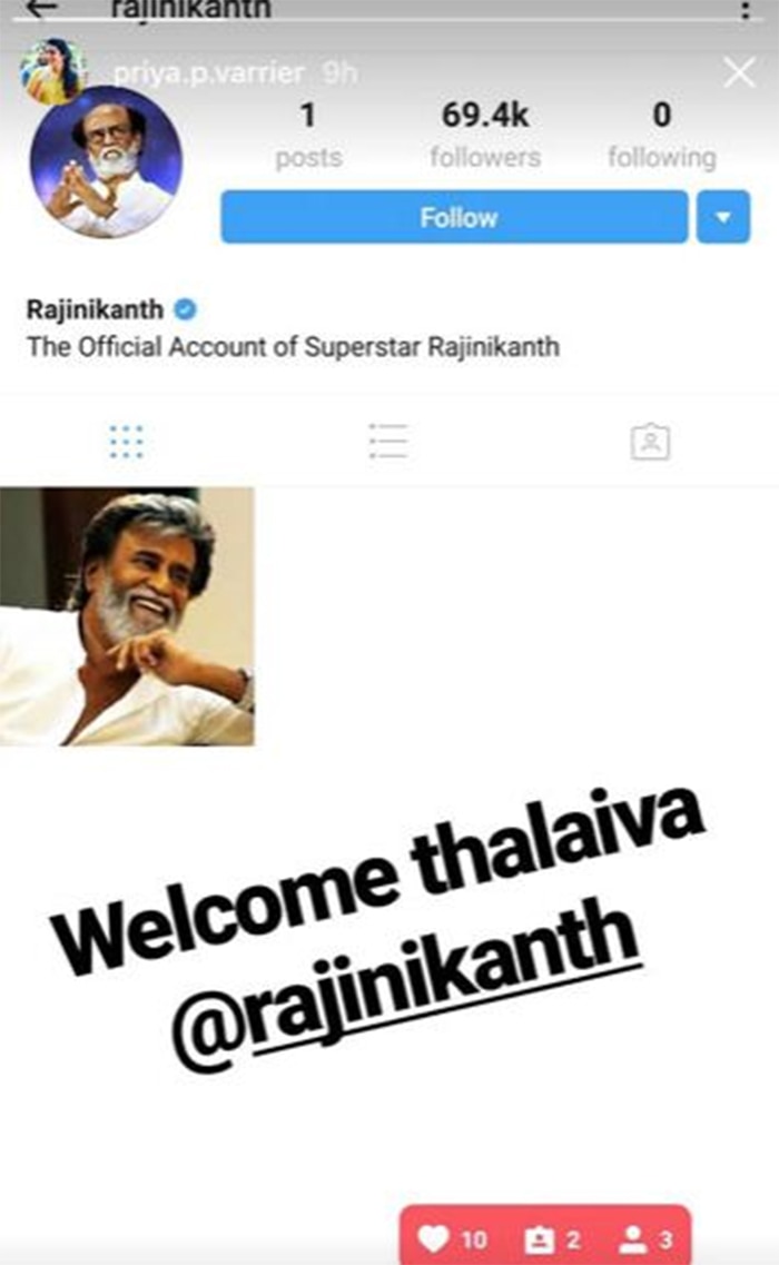 Oru Adaar Love’s Priya Prakash Varrier Welcomes Rajinikanth On ...