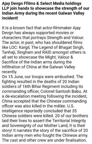 Ajay Devgn Announces Film on India-China Face-off at Galwan Valley That ...