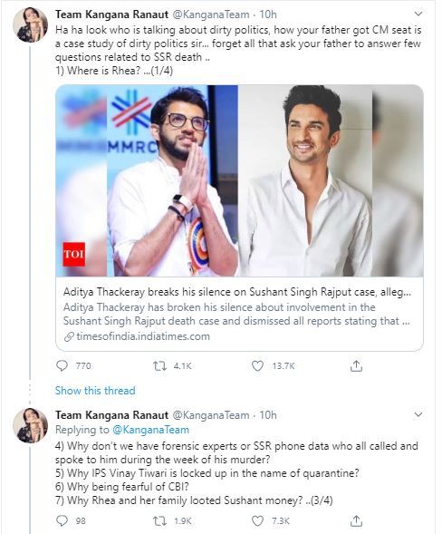 SSR Death Case: Kangana Ranaut Reacts to Aditya Thackeray’s ‘Dirty ...