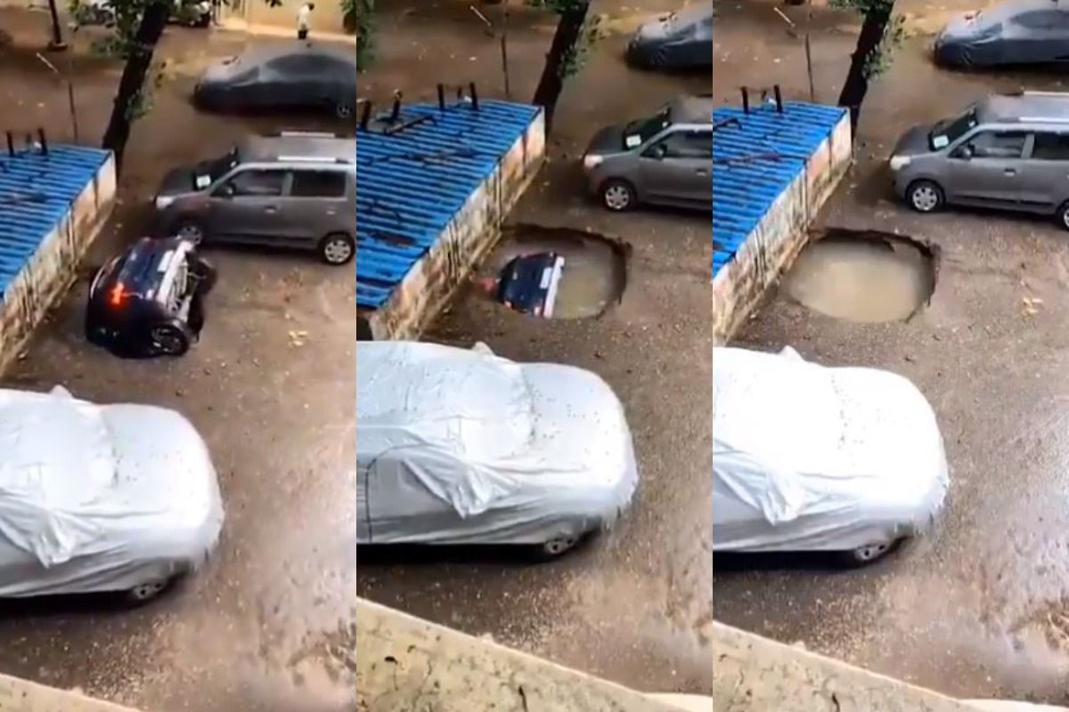Viral Video: Car Swallowed Entirely by Huge Sinkhole in Mumbai