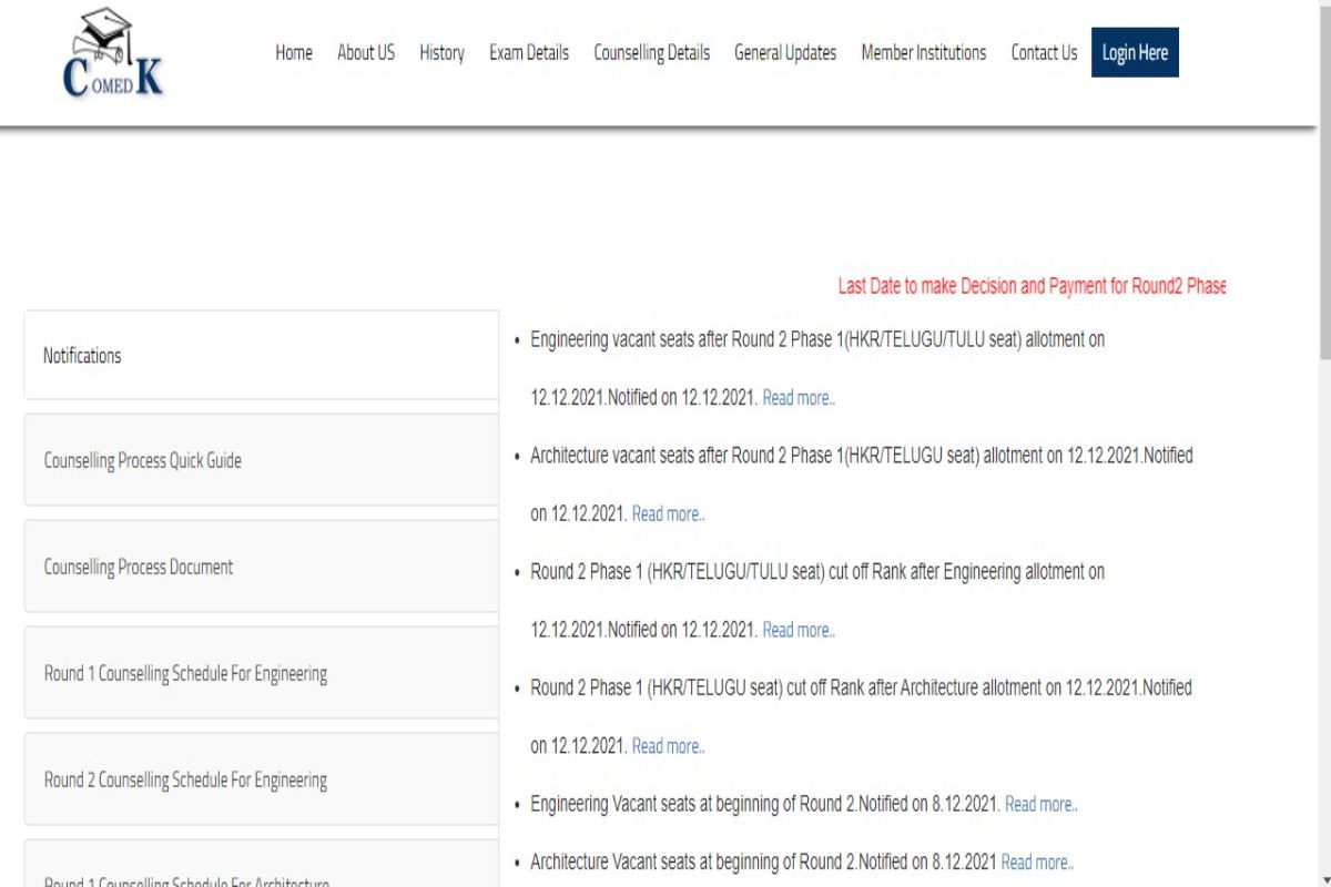 COMEDK UGET 2021 Round 2 Phase 1 Allotment Result Released on comedk ...
