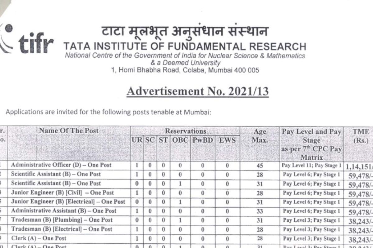 TIFR Recruitment 2021 For Various Job Posts Out on tifr.res.in | Check ...
