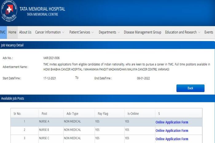 TMC Recruitment 2021: Tata Memorial Centre Invites Applications For 175 ...