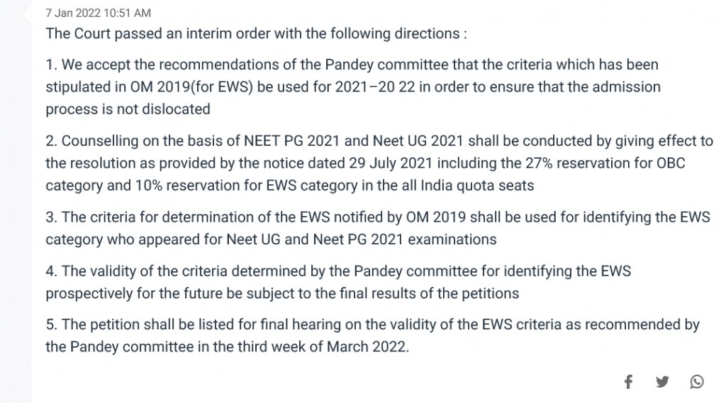 NEET-PG Counselling LIVE Supreme Court to Pronounce Verdict In OBC EWS Quota Shortly