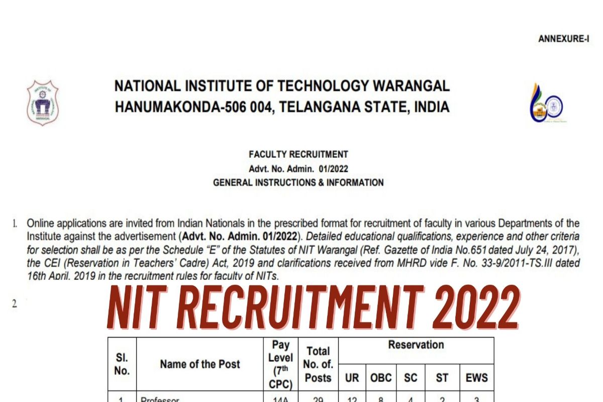 NIT Recruitment 2022 Apply For Professor Other Posts At Nitw ac in 
