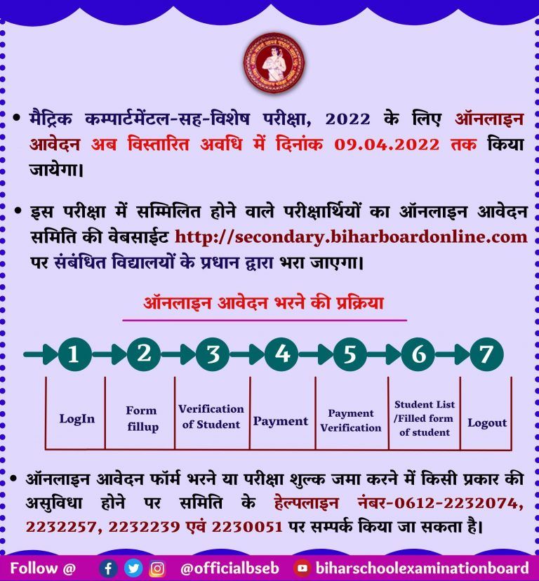 Bseb Bihar Board Class 10 Compartment Exam 2022 Registration Date