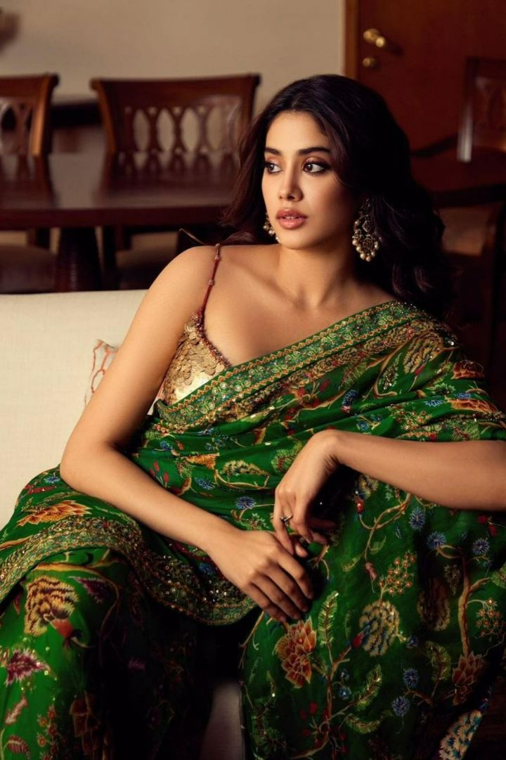 Janhvi Kapoor Sizzles in Floral Saree With Golden Bralette