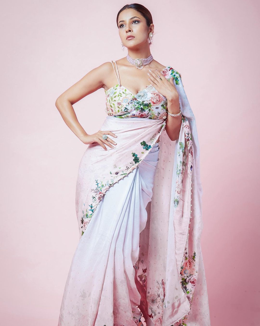 Shehnaaz Gill Looks Like Indian Snow White in Floral Printed Silk Saree