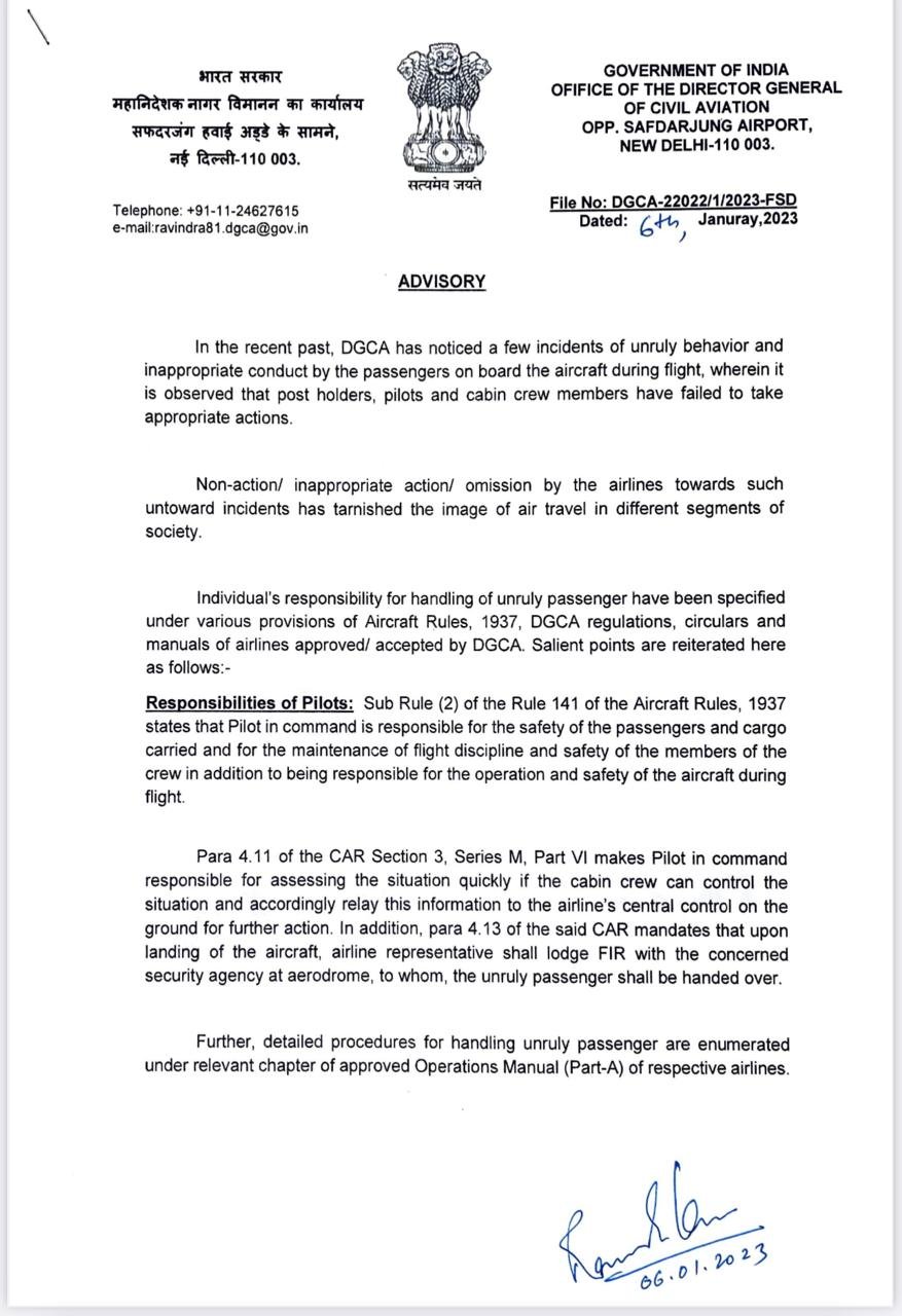 DGCA Issues Advisory To Airlines On Handling of Unruly Passengers ...