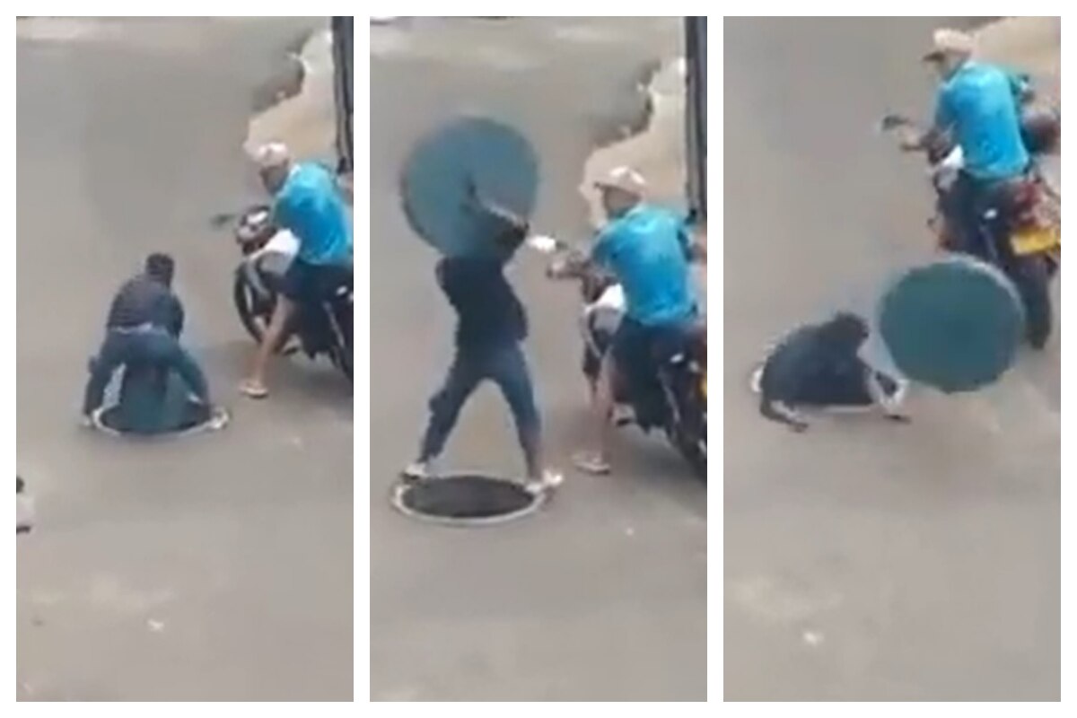 Viral Video Man Tries To Steal Manhole Cover Falls Right Into It ...