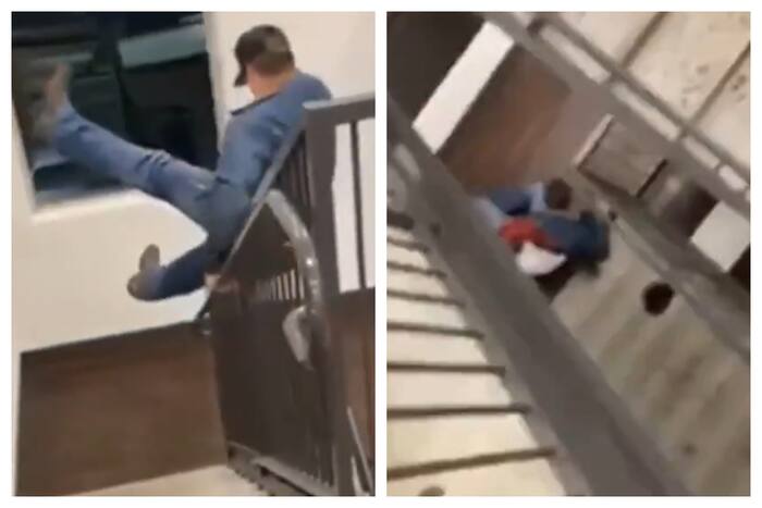 Man Tries To Slide Down Railing Lands Down One Floor Below As Stunt ...
