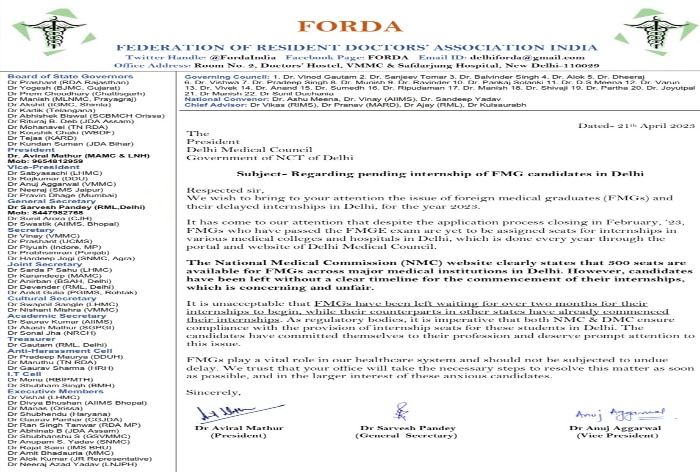 FORDA Writes to Delhi Medical Council Regarding Pending Internship For ...