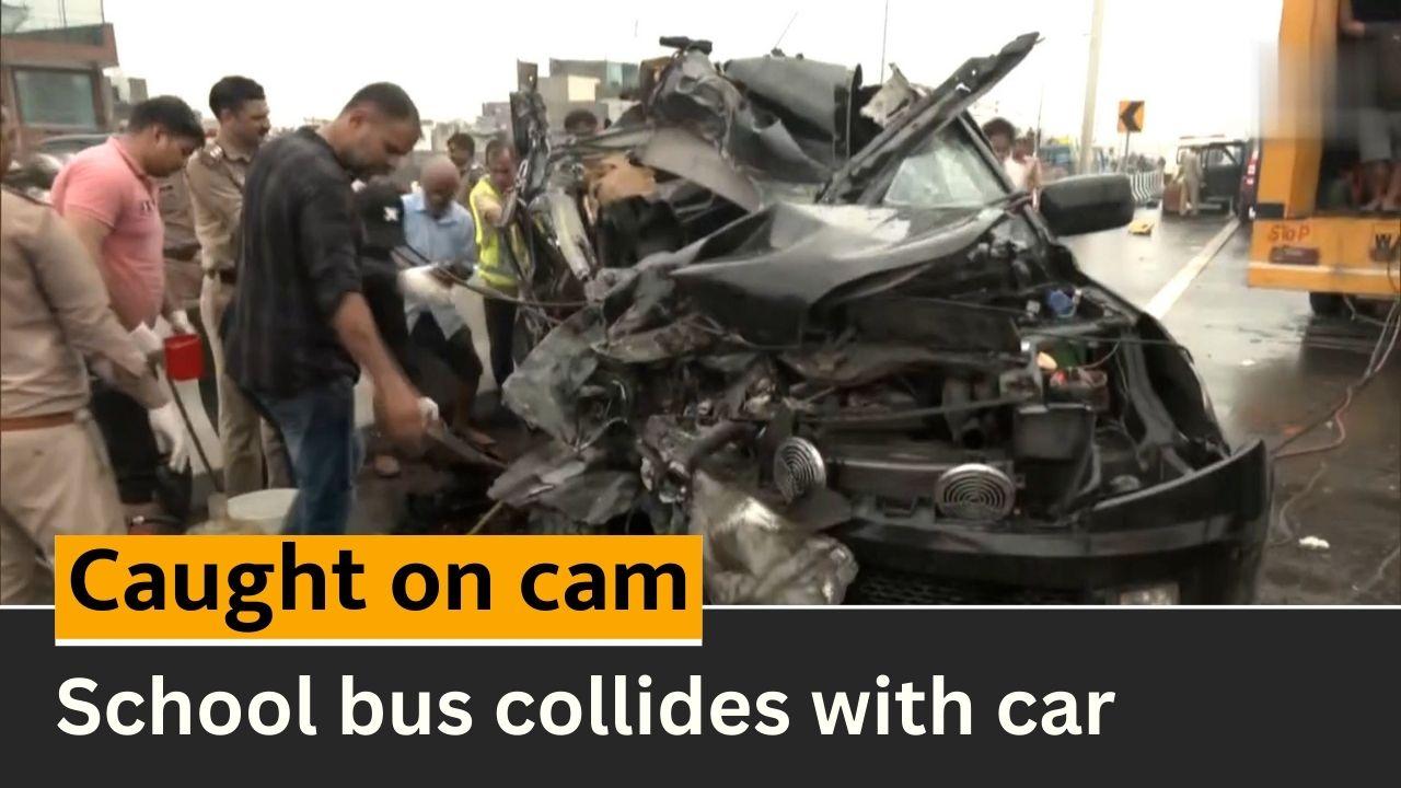 Caught On Cam: School Bus Collides With a Car On Delhi-Meerut ...