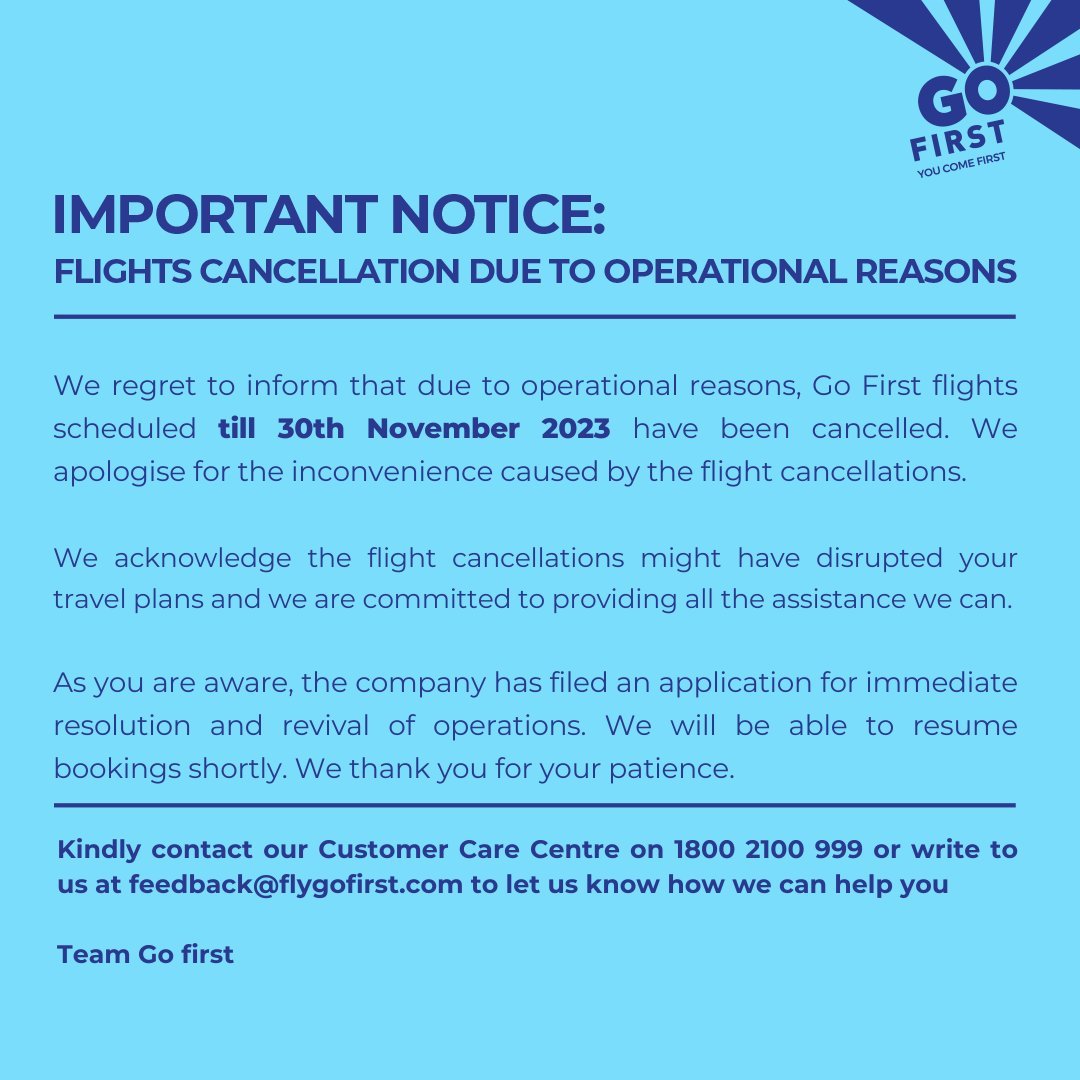 Go First Flights Cancelled Till November 30 Due To Operational Reasons