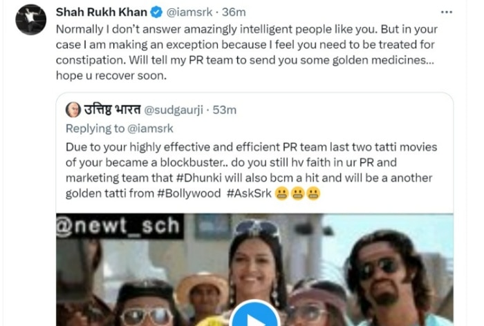 Shah Rukh Khan’s Answer to a Troll Calling His Films Potty is as ...