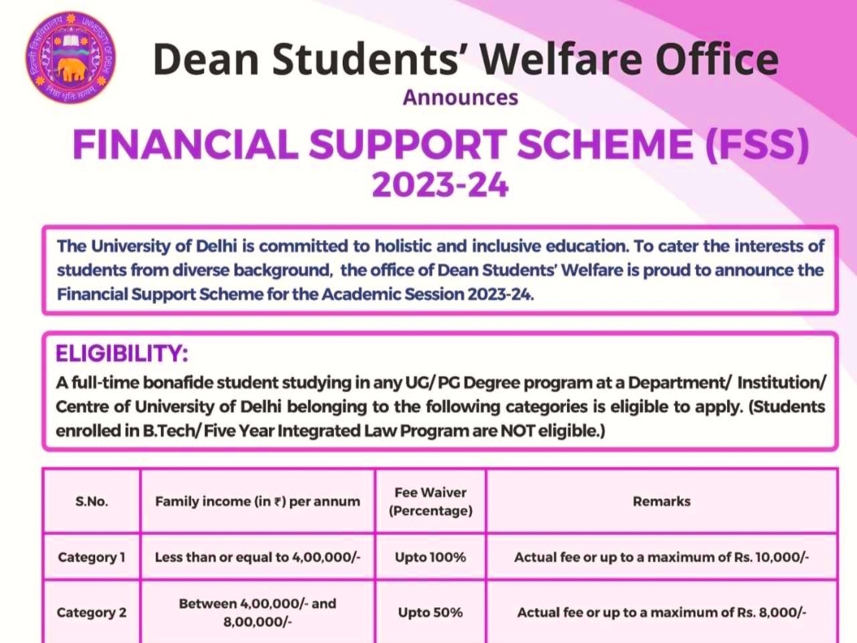 DU FSS 2023-24: DU ने किया फीस में 50-100 प्रतिशत छूट का ऐलान, यहां पढ़ें पूरा नियम