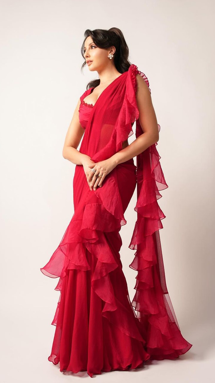 Nora Fatehi Flaunts Ethnic Energy in Red Ruffled Saree