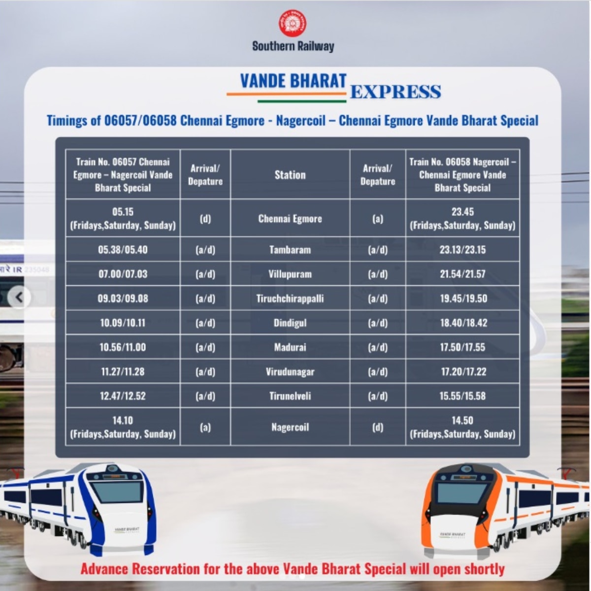 Vande Bharat Special Trains Between Chennai Egmore And Nagercoil, Check ...