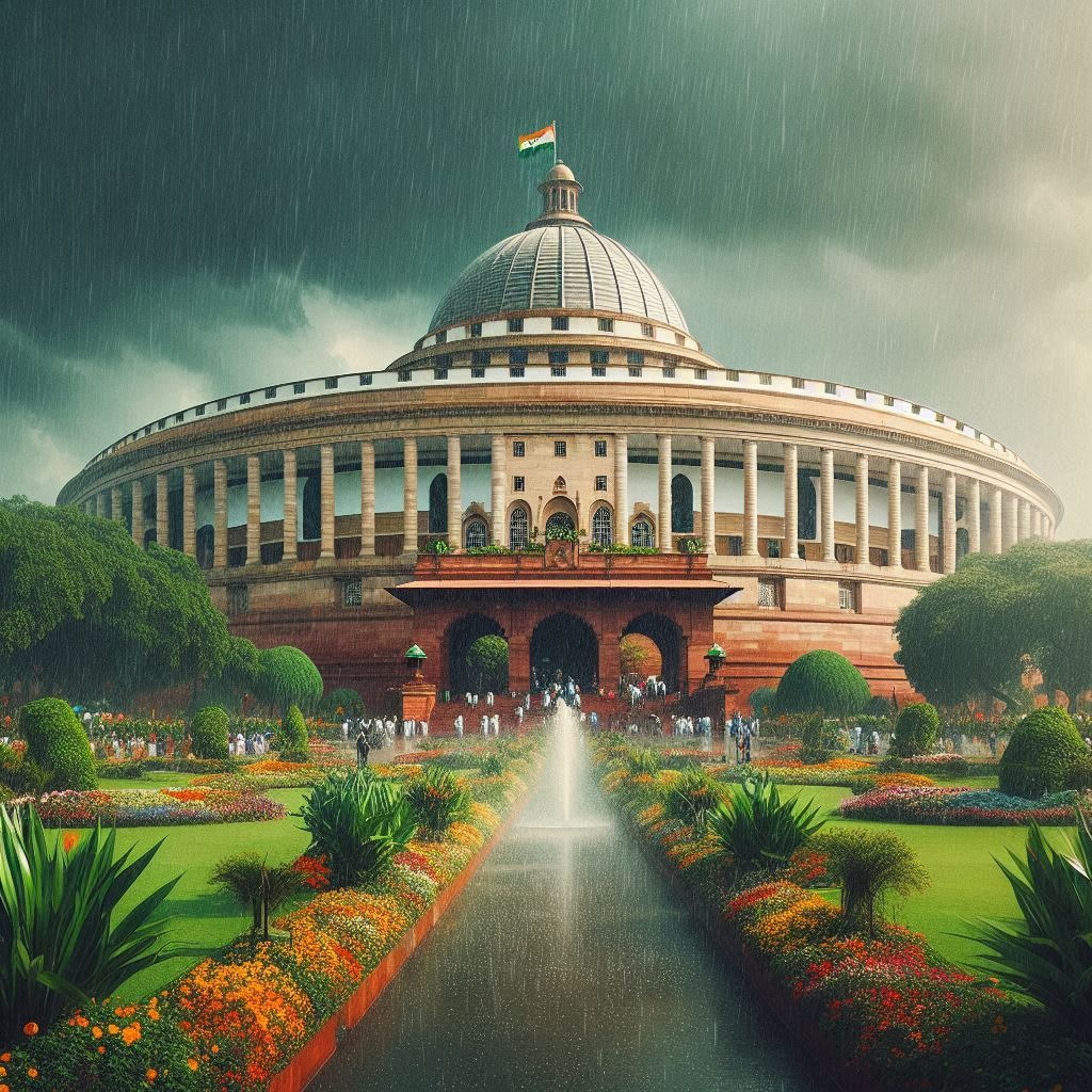 बारिश के दौरान कैसा दिखता है भारत का संसद भवन, देखें AI ने बनाई खूबसूरत ...