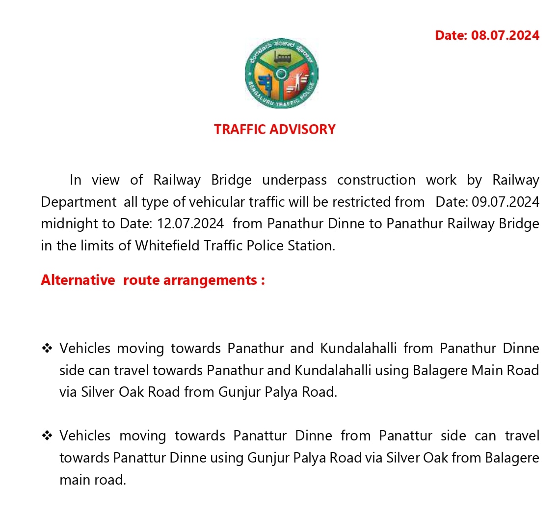 Bengaluru Traffic Advisory Issued Due to Panathur Railway Underpass ...