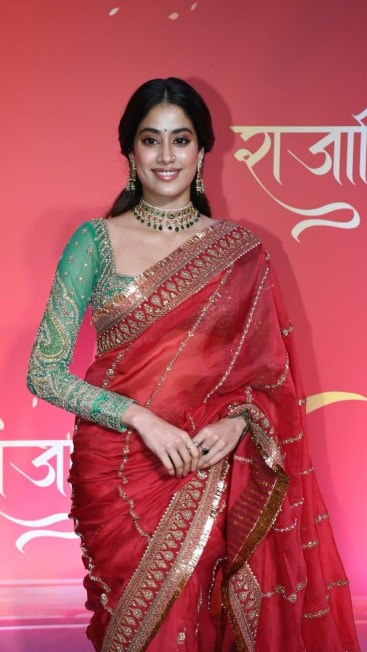 Janhvi Kapoor Stuns in Red Organza Saree With Antique Dabka Work