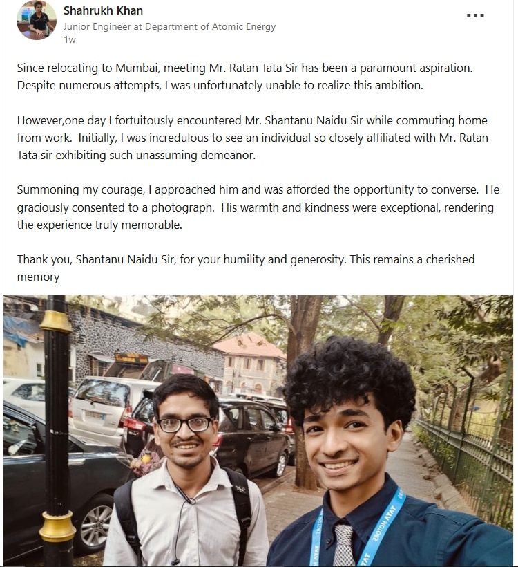 Ratan Tata's special friend Shantanu Naidu meets Shah Rukh Khan, shares ...